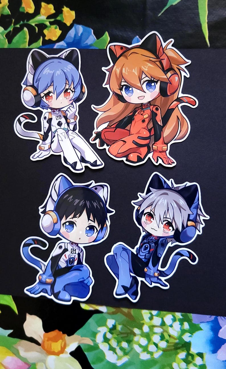 Neon Genesis Evangelion Chibi Cat Stickers - Shinji, Asuka, Rei, Kaworu ...