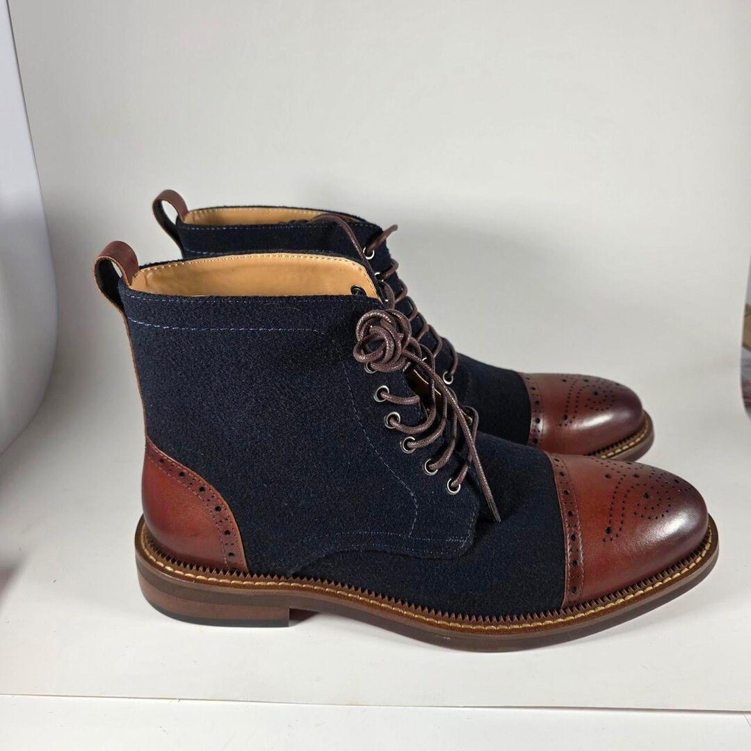Moretti Cap Toe Lace up Boots: Blue Wool & Brown Leather, Men's 9.5D - Etsy