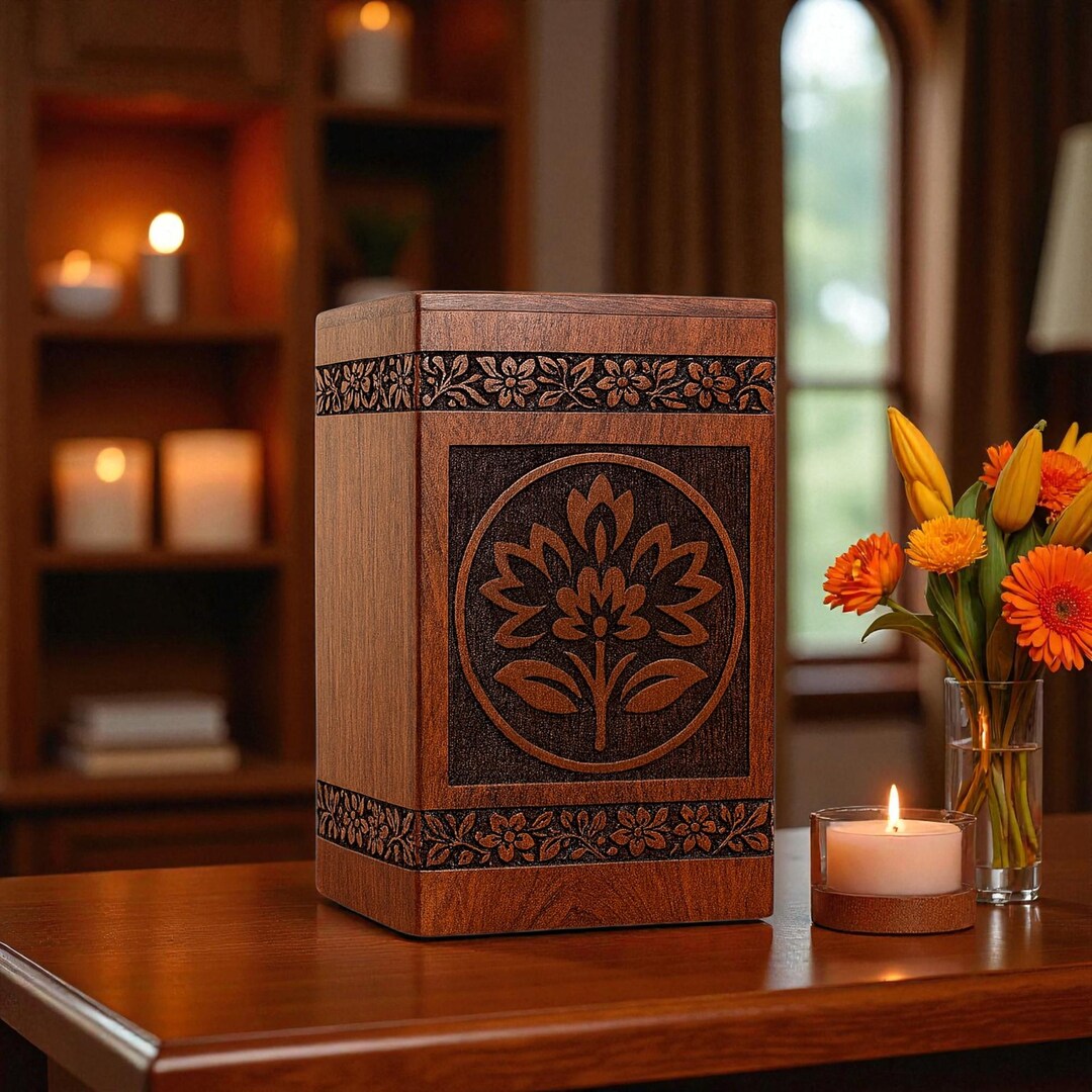 Handcrafted Wooden Memorial Urn Box – Floral Engraved Ashes Keeper ...