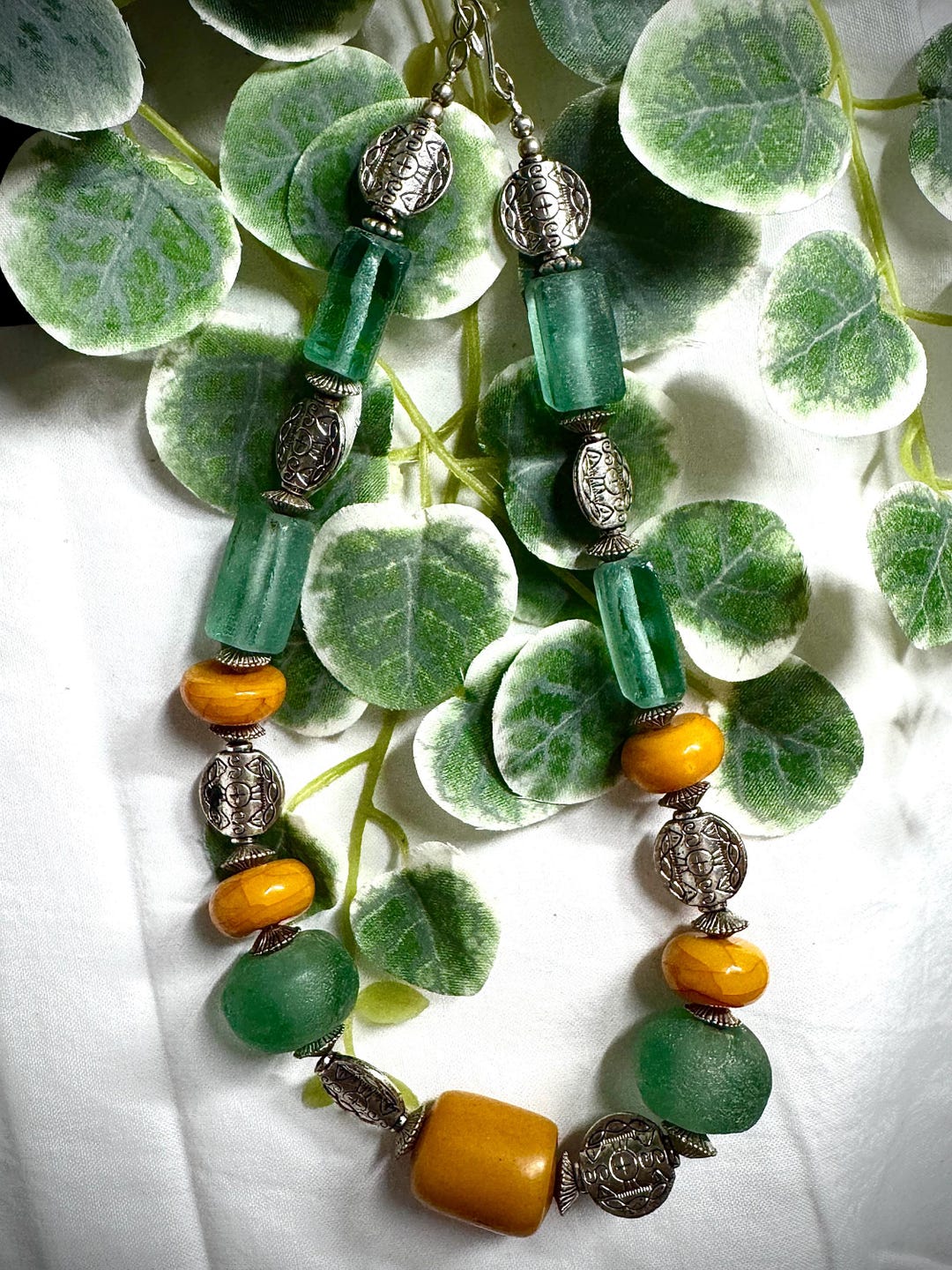 Jade Glass and Copal Beaded Necklace With Silver Accents Beads and ...