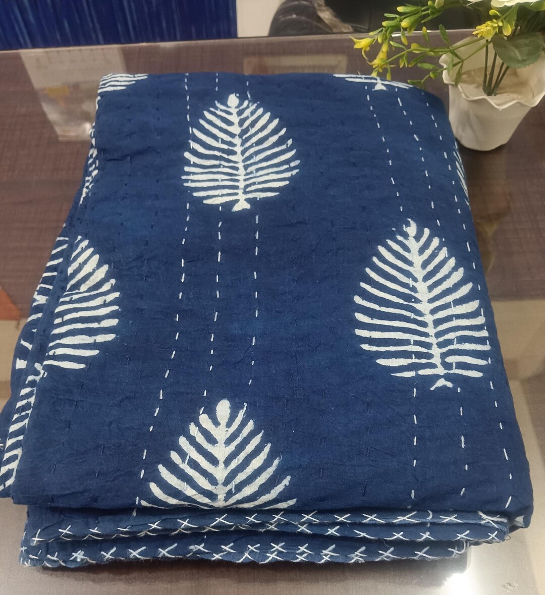 Handmade Indigo Blue Kantha Quilt: Lightweight Cotton Throw Blanket - Etsy