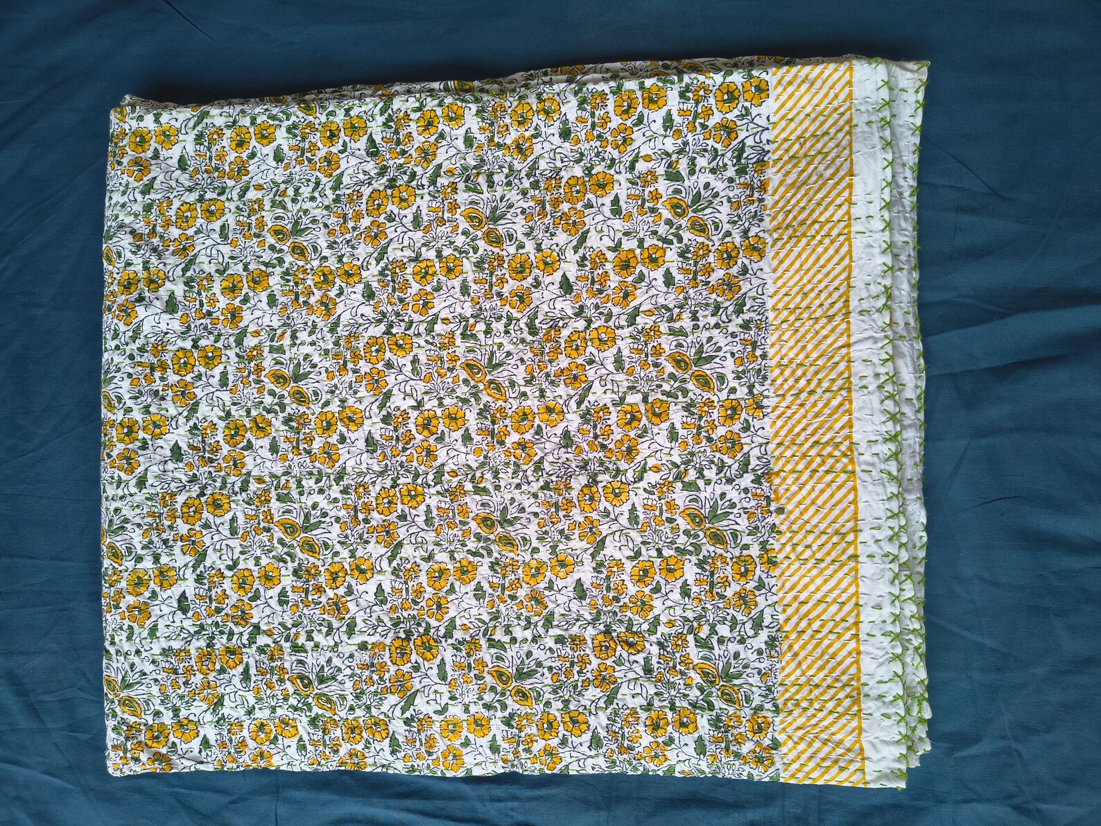 Yellow Green Floral Hand Block Print Kantha Quilt: Indian Handmade ...