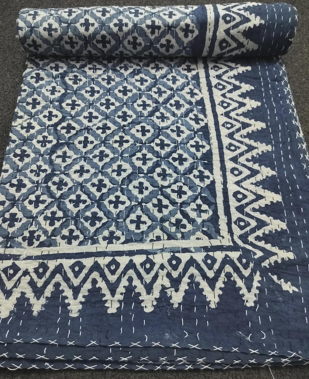 Indigo Blue Kantha Quilt Throw: Hand Block Print Cotton Queen Coverlet ...