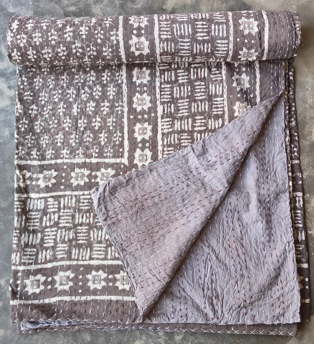 Handmade Kantha Quilt Grey Floral Print Queen Bedspread Throw Cotton ...
