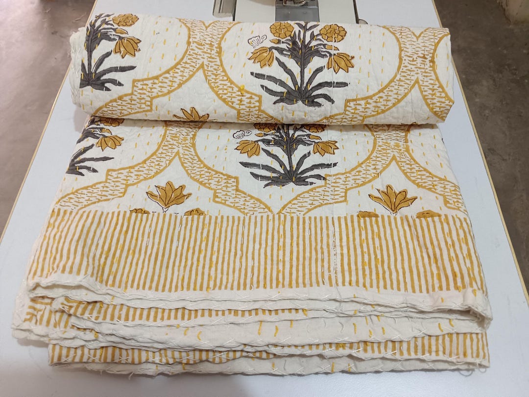 Indian Orange Hand Block Floral Print Bedspreads Kantha Handmade Pure ...
