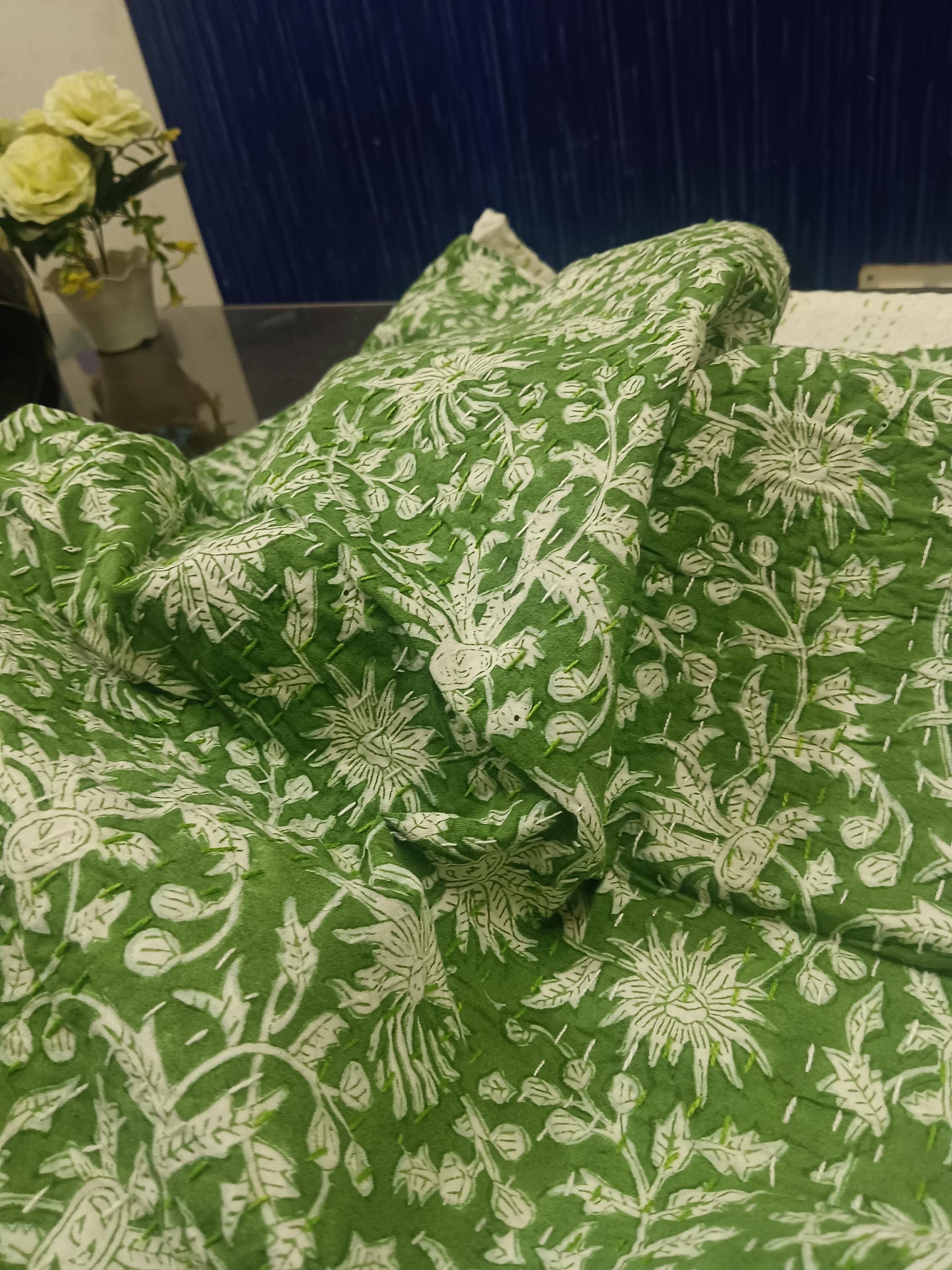 Green Hand Block Kantha Quilt: Handmade Cotton Bedspread - Etsy