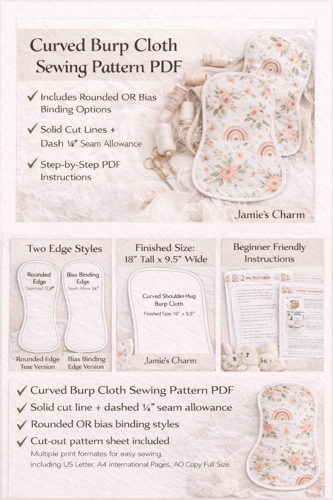 Curved Burp Cloth Sewing Pattern PDF | Printable Baby Burp Cloth ...