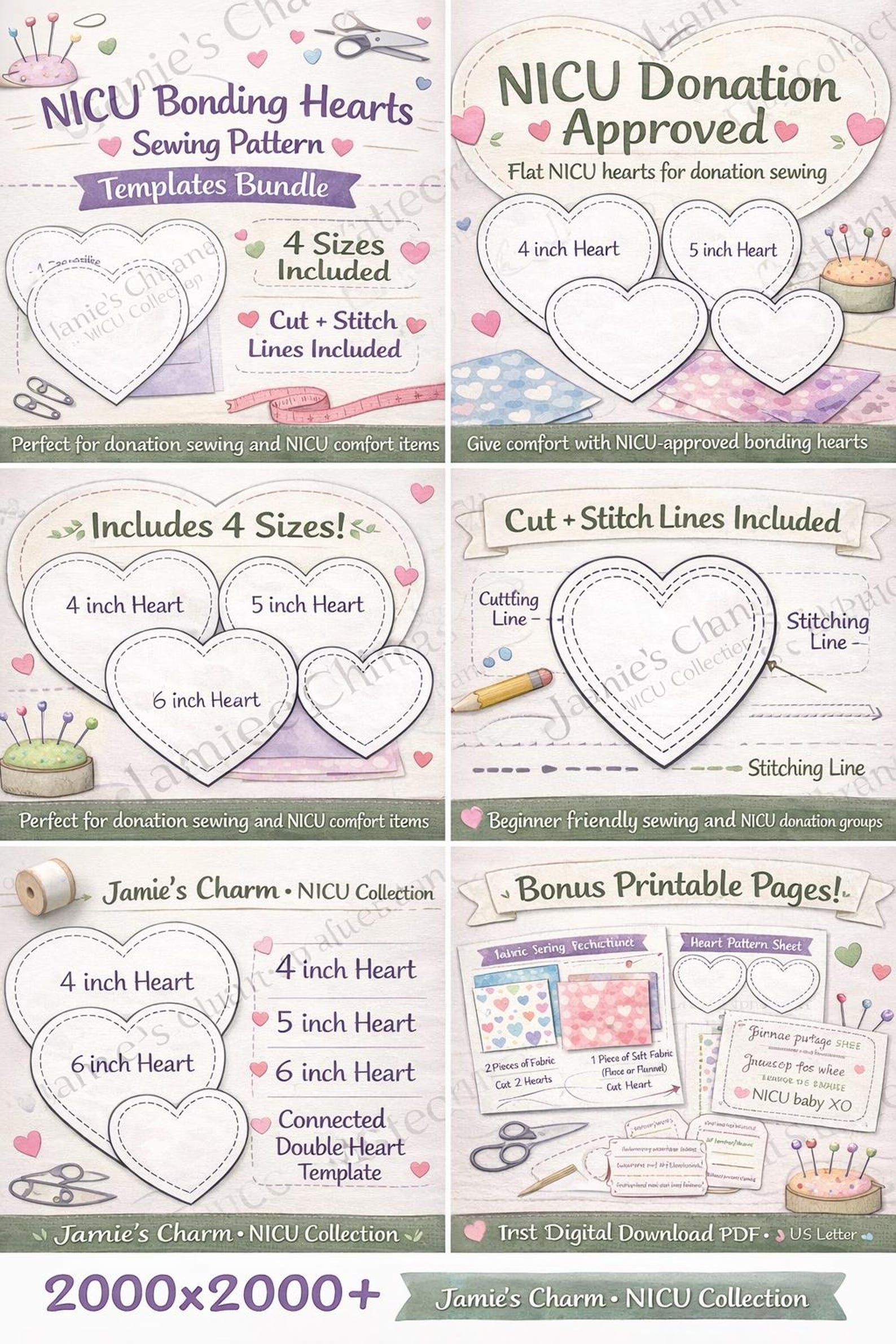 NICU Bonding Hearts Sewing Pattern Template Bundle | Micro Preemie ...