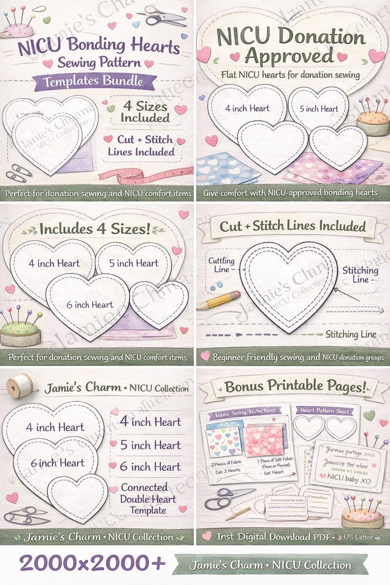 NICU Bonding Hearts Sewing Pattern Template Bundle | Micro Preemie ...