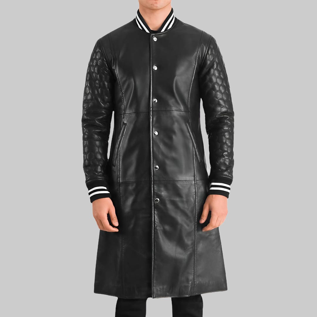 Men’s Black Leather Varsity Long Coat – Letterman Style With Polyester ...