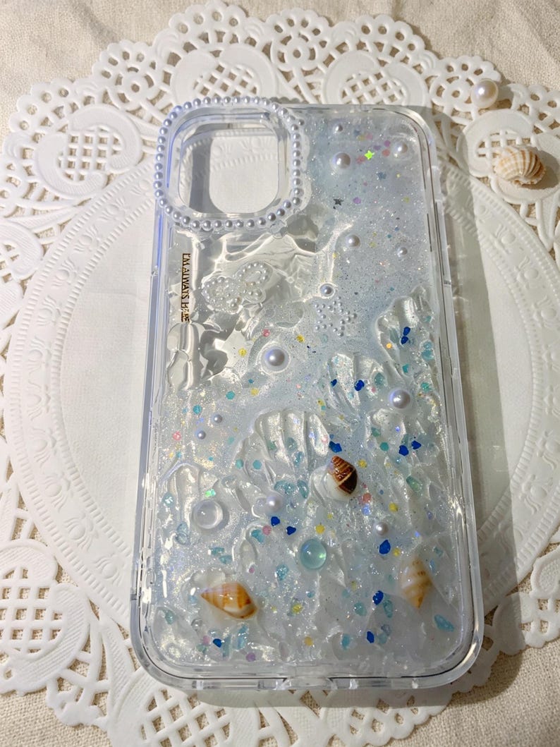Handmade Ocean Resin Phone Case, Seashell Pearls Glitter Magsafe Cover ...