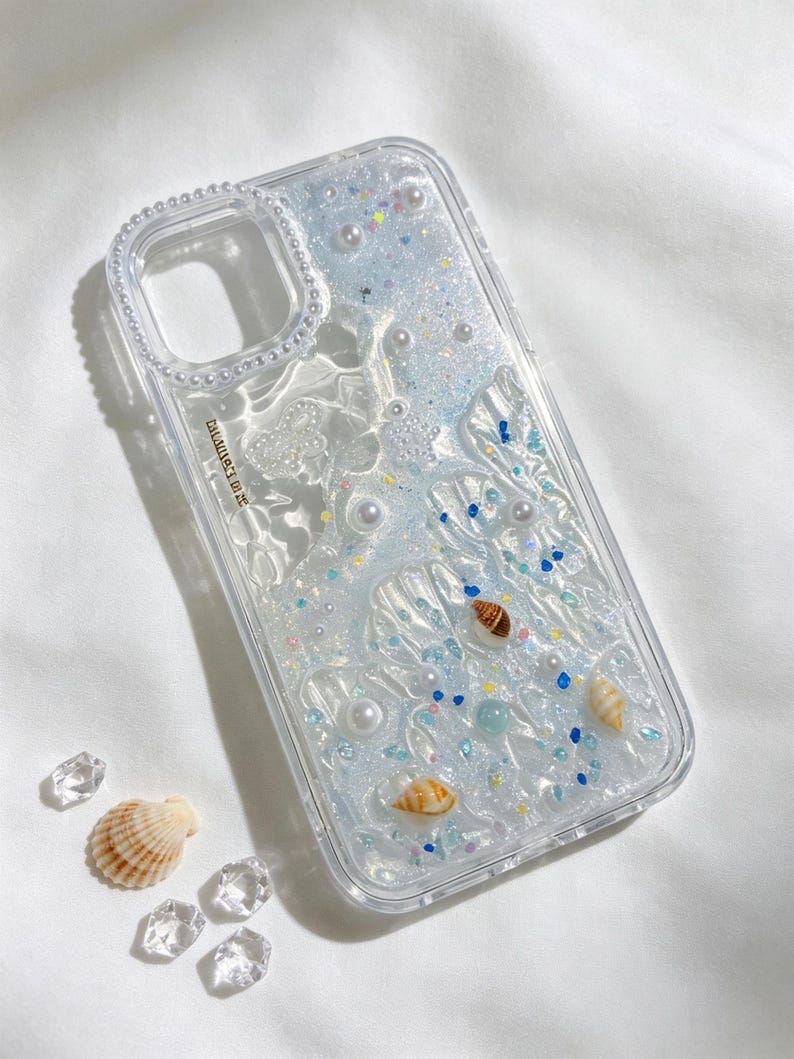 Handmade Ocean Resin Phone Case, Seashell Pearls Glitter Magsafe Cover ...