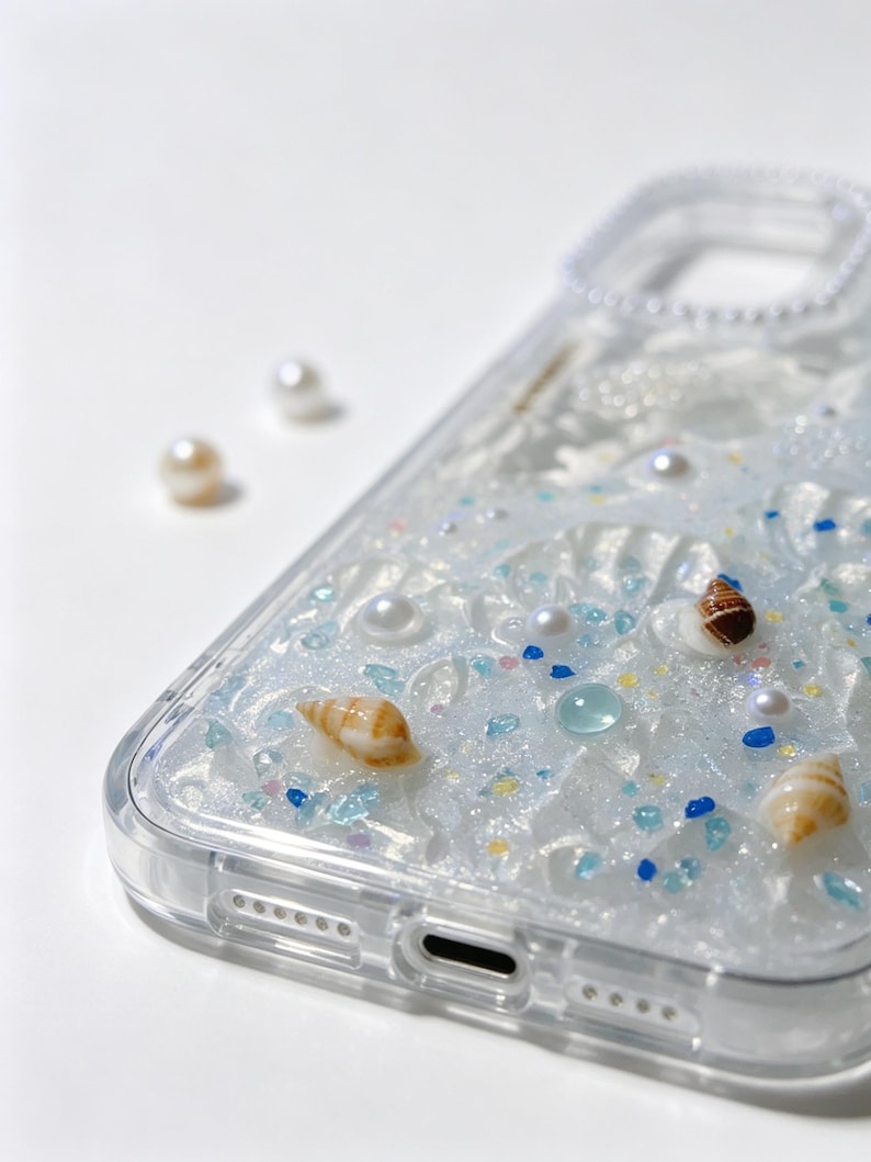 Handmade Ocean Resin Phone Case, Seashell Pearls Glitter Magsafe Cover ...