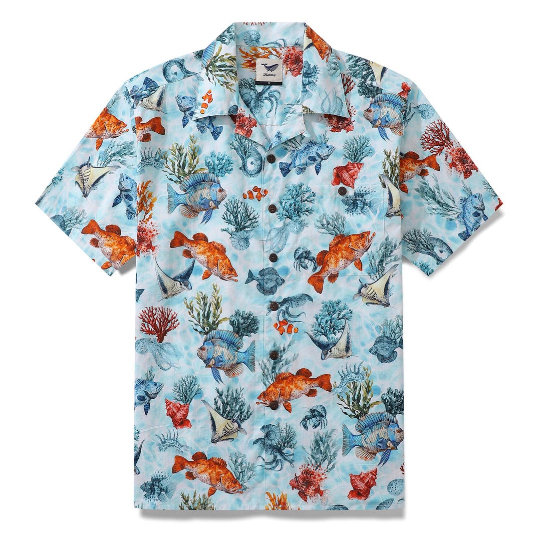 Men's Blue Fish Print Hawaiian Shirt: 100% Cotton Camp Collar Aloha ...
