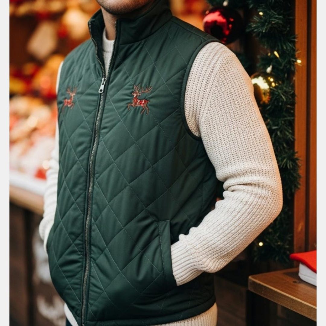 Men’s Quilted Christmas Vest | Green Holiday Gilet for Men | Winter ...