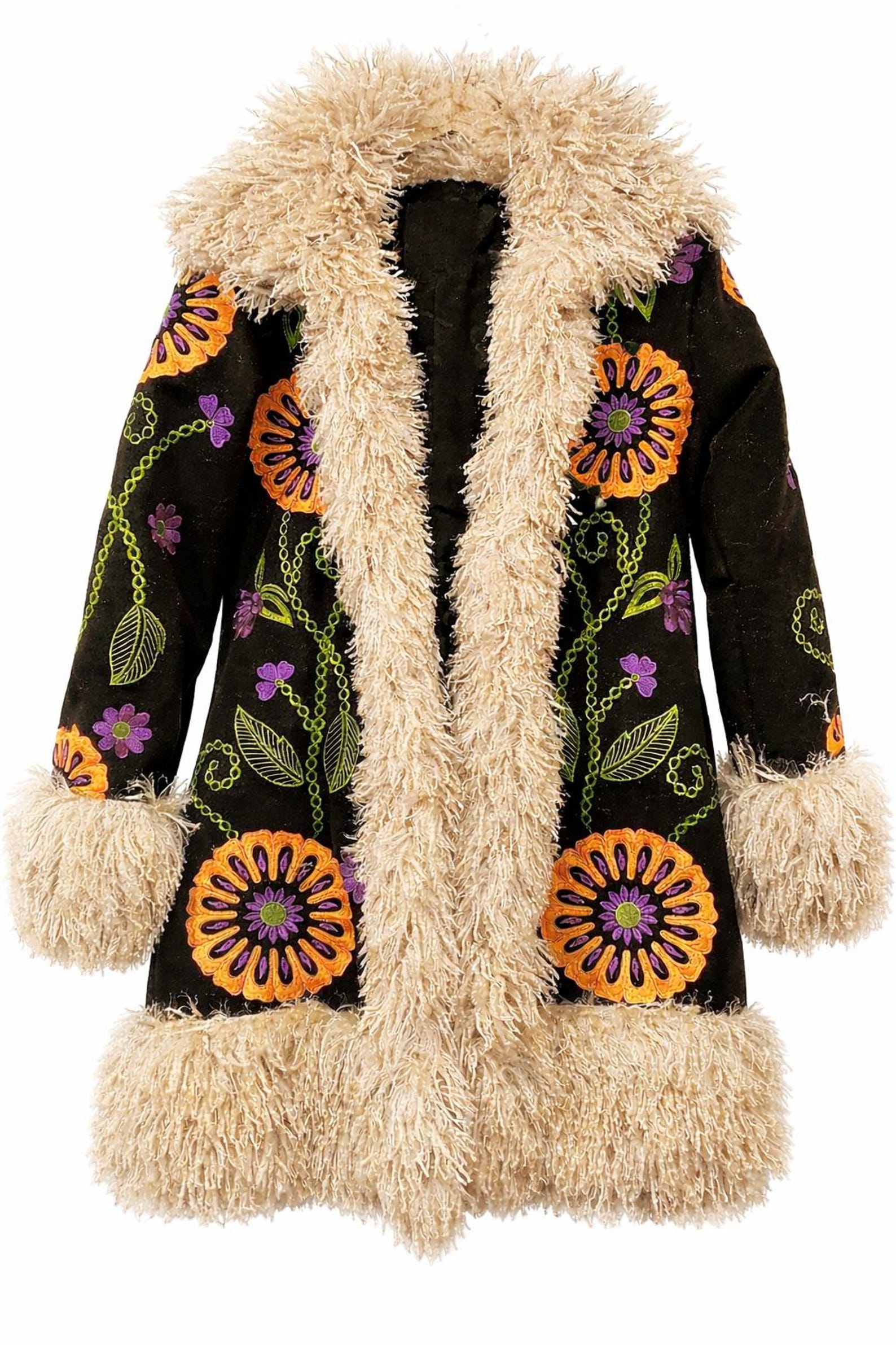 Boho Embroidered Floral Winter Coat – Faux Fur Trim Black Mandala ...