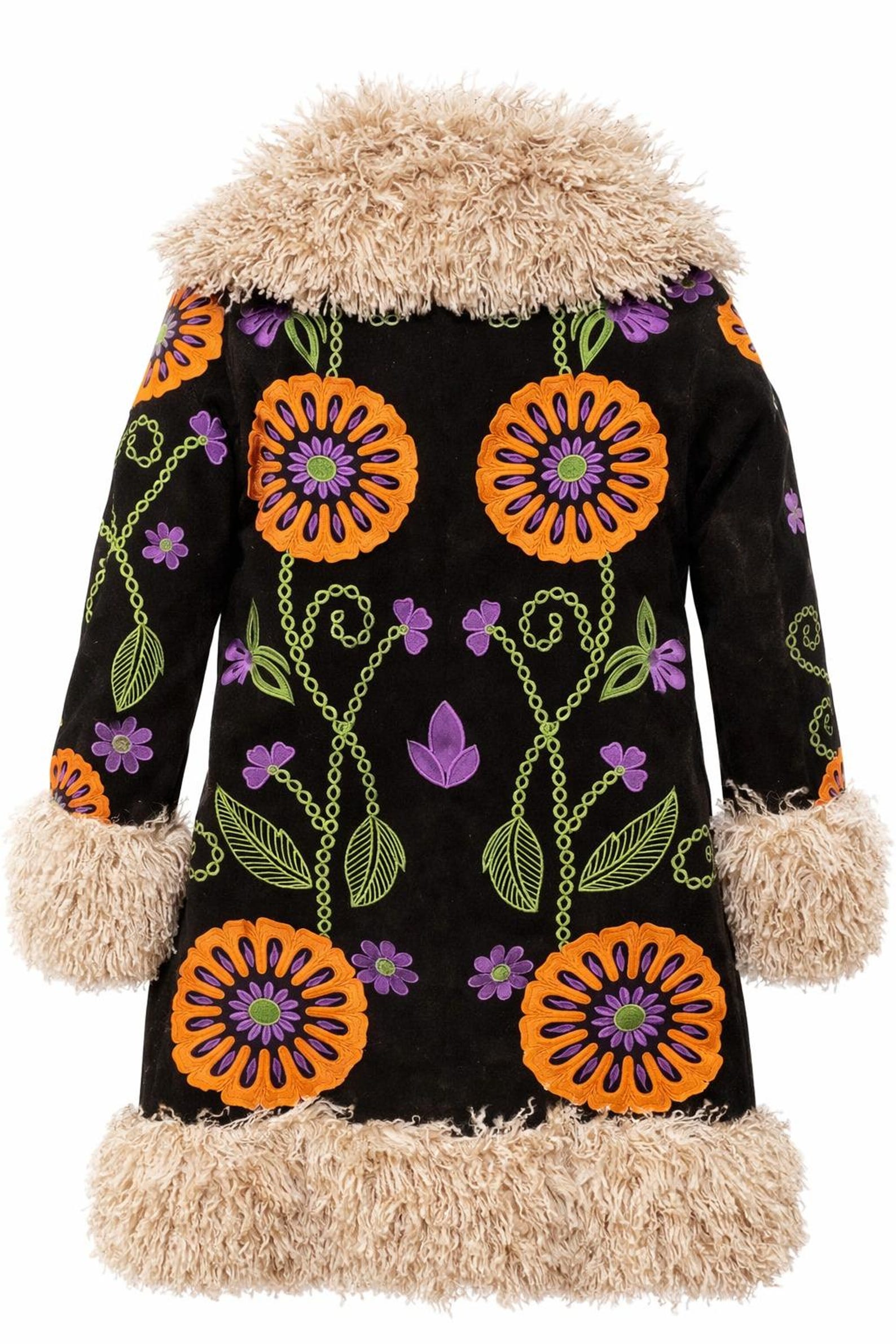 Boho Embroidered Floral Winter Coat – Faux Fur Trim Black Mandala ...