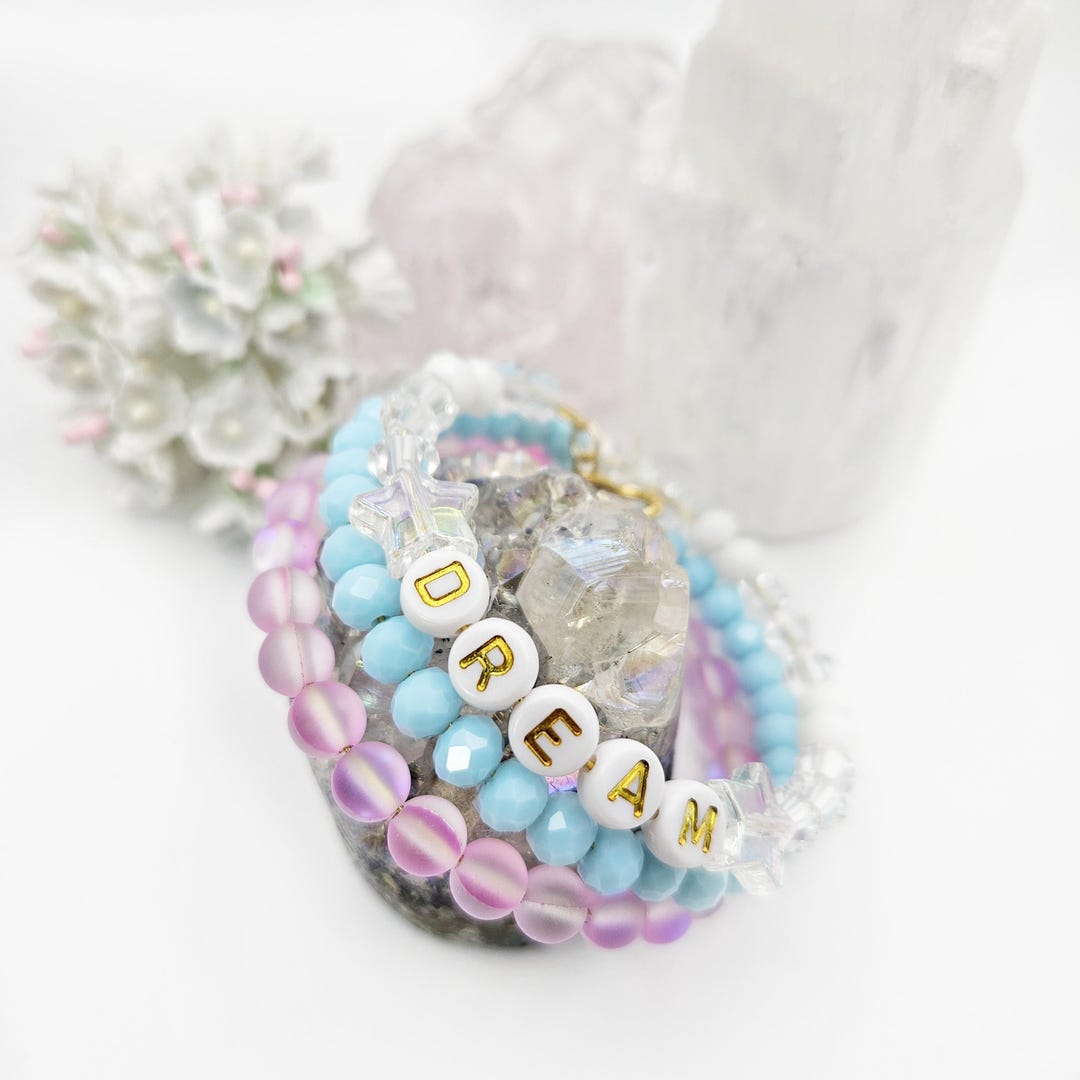 Beaded Memory Wire 'DREAM' Word Bracelet | Mystic Aura & Swarovski ...