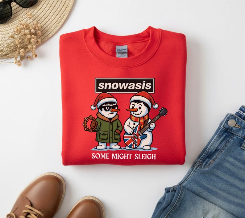 Funny Christmas Sweatshirt SNOWASIS Some Might Sleigh Snowman Rock Band ...