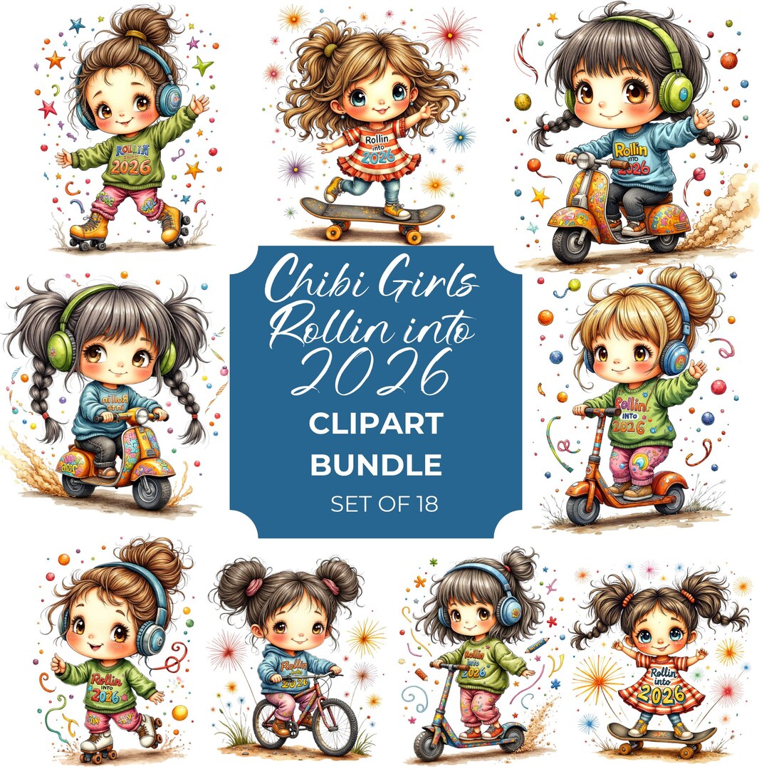 Chibi Girls Rollin Into 2026 Clipart Bundle, New Year Kids PNG, Scooter ...