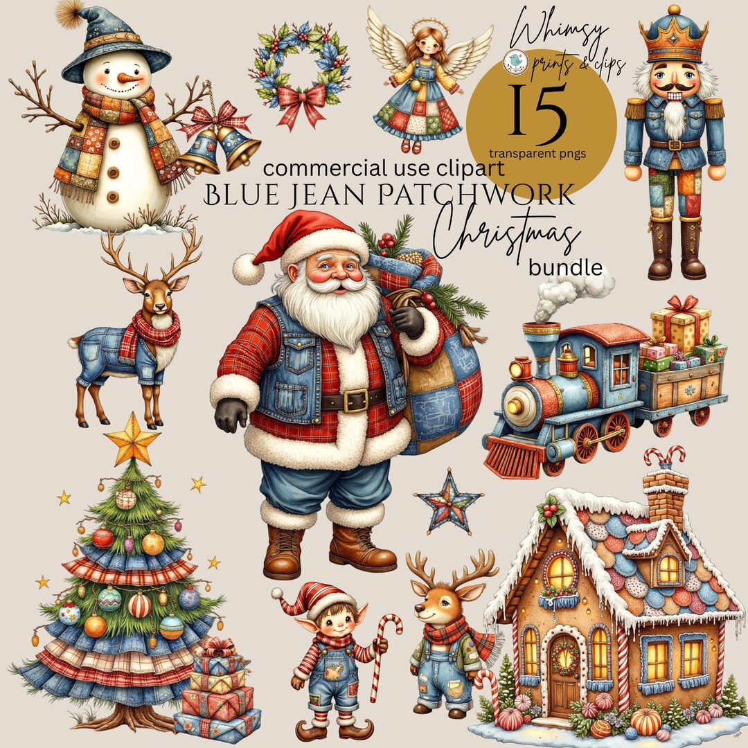 Blue Jean Patchwork Christmas Clipart Bundle (digital Download) - Etsy