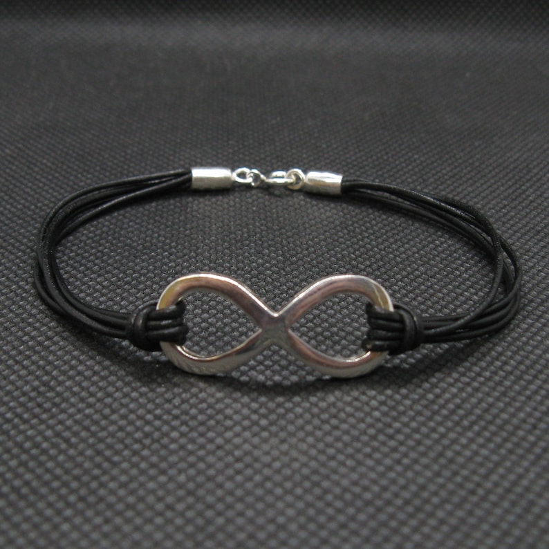 Sterling Silver Bracelet Infinity Symbol With Black Leather Genuine ...