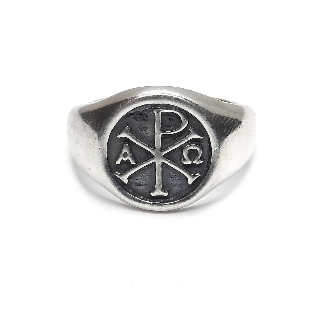 Sterling Silver Men Ring Chi Rho Alpha Omega Solid Hallmarked 925 ...