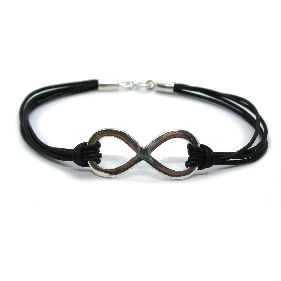 Sterling Silver Bracelet Infinity Symbol With Black Leather Genuine ...