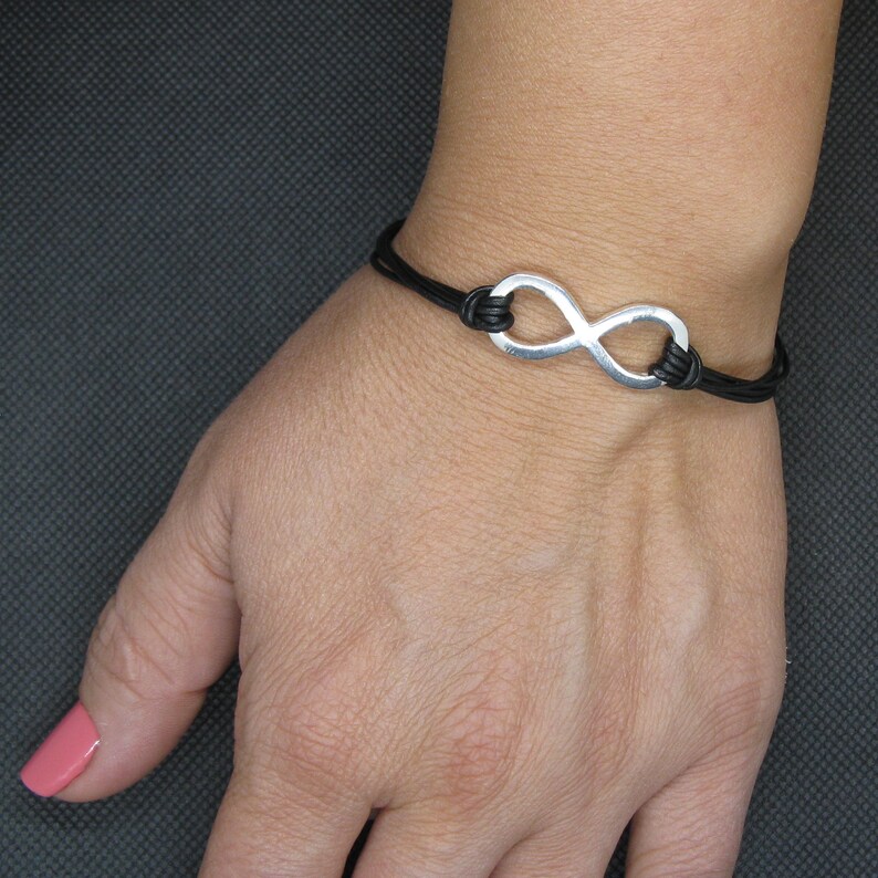 Sterling Silver Bracelet Infinity Symbol With Black Leather Genuine ...