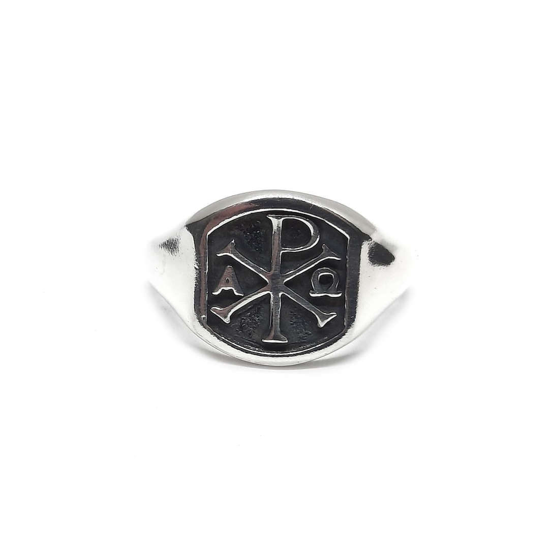 Sterling Silver Men Ring Chi Rho Alpha Omega Solid Hallmarked 925 ...