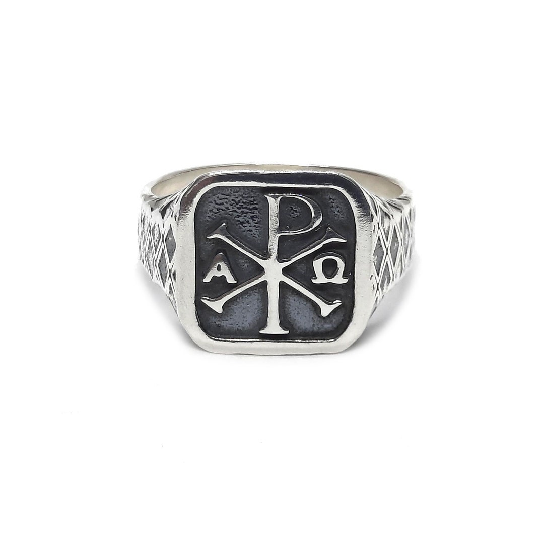 Sterling Silver Men Ring Chi Rho Alpha Omega Solid Hallmarked 925 ...