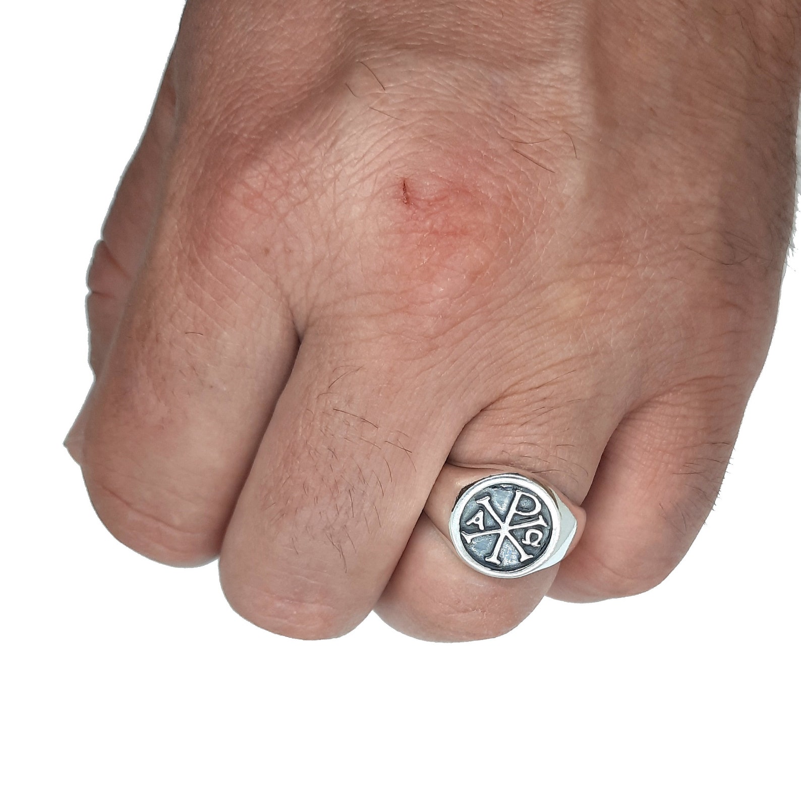 Sterling Silver Men Ring Chi Rho Alpha Omega Solid Hallmarked 925 ...