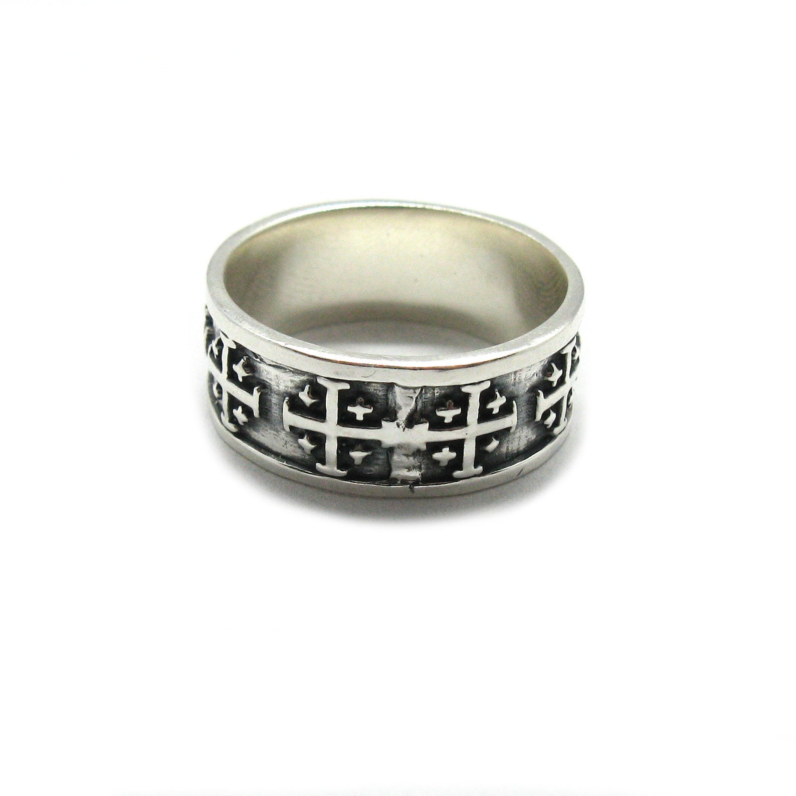 Sterling Silver Ring 10mm Band Solid Hallmarked 925 Jerusalem Cross ...