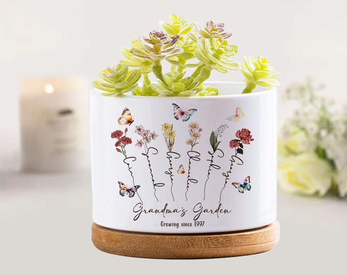 Custom Birth Month Flowers Mini Plant Pot, Grandma and Grandkids Flower ...