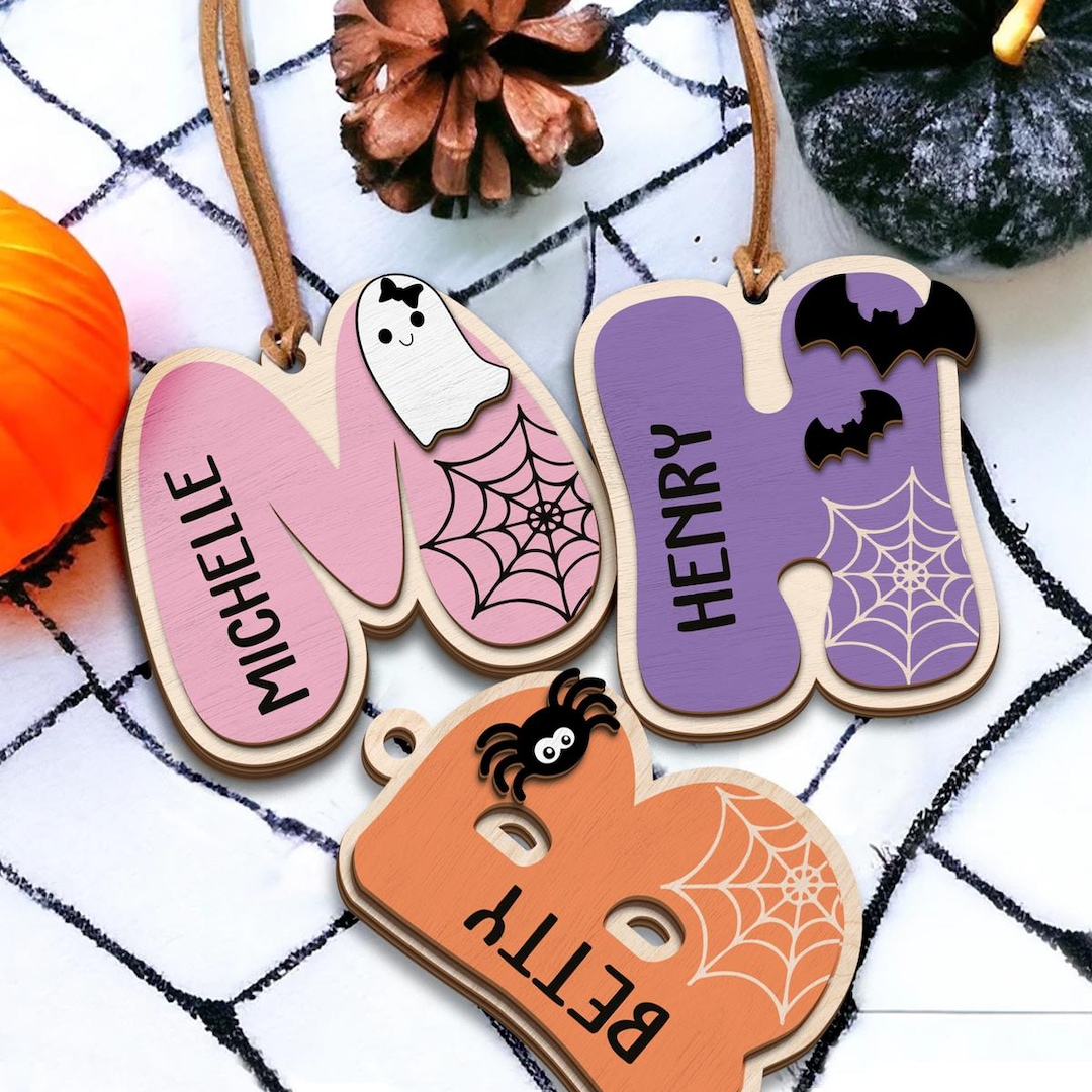 Personalized 3D Halloween Kid Tags, Initial Halloween Name Tag for Kids ...
