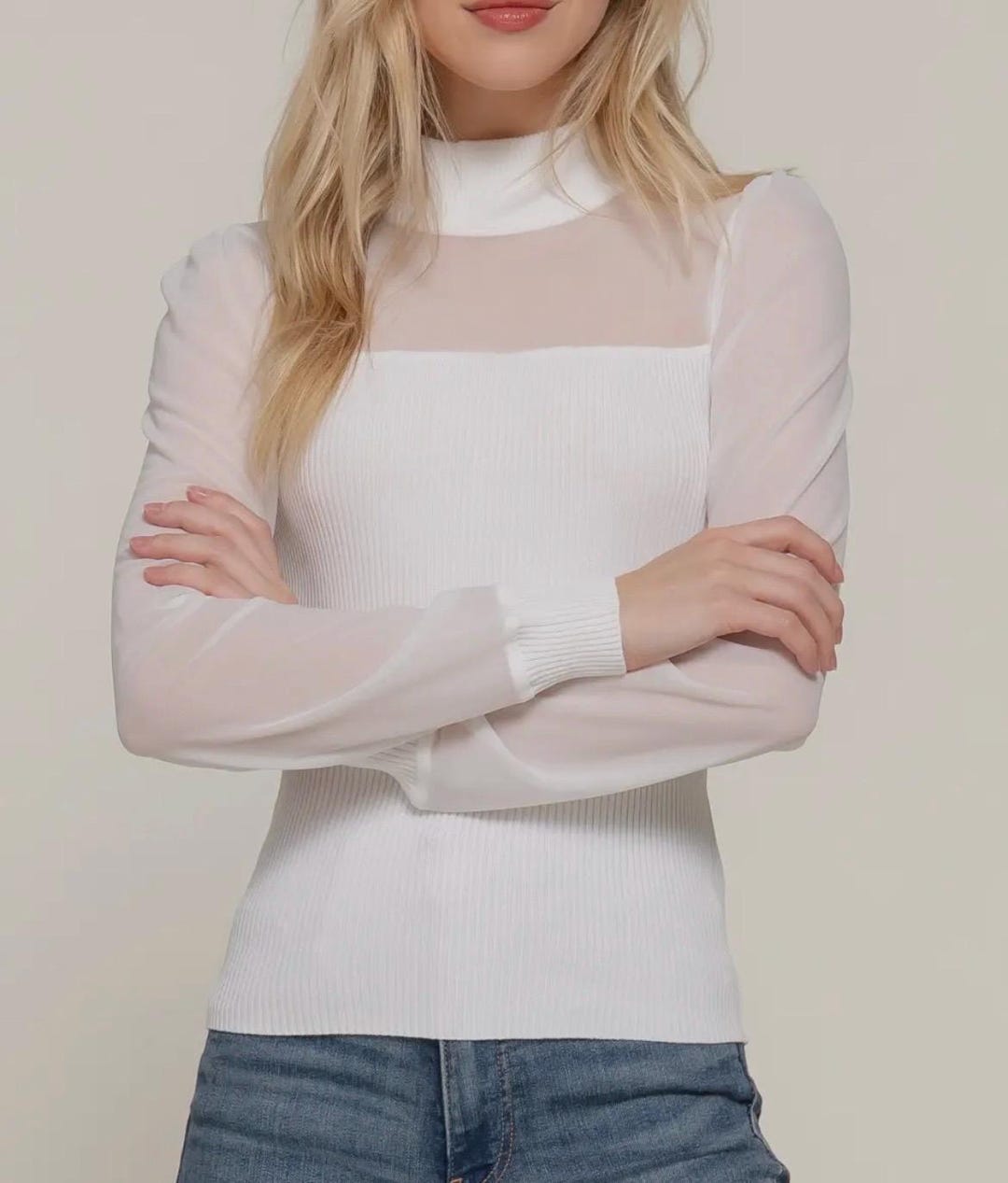 Women’s White Mesh Panel Long Sleeve Top – Sleek, Modern & Perfect for ...