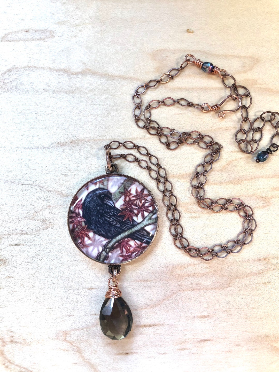 Copper Crow Pendant With Smoky Quartz Gemstone Dangle-crow Jewelry Gift ...