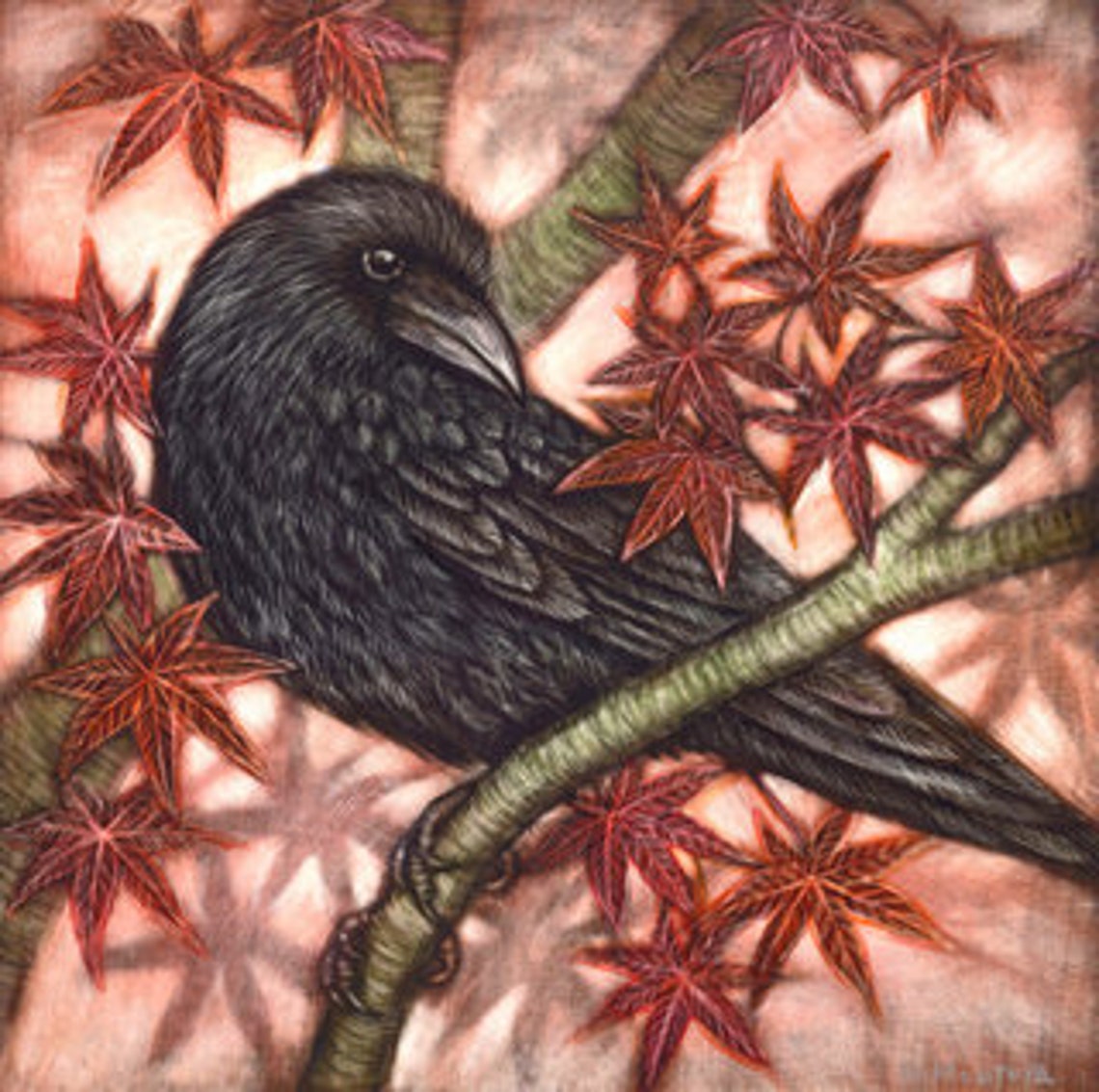 Crow and Japanese Maple Archival Print Crow Art-crow Ink - Etsy