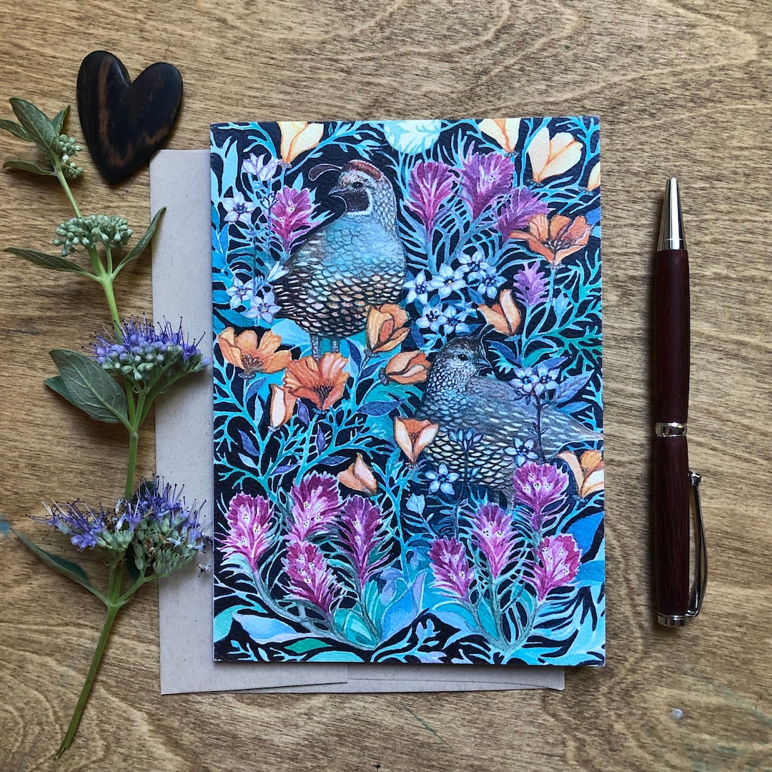 Quail and Wildflower Greeting Card, California Native Plants, Nature ...