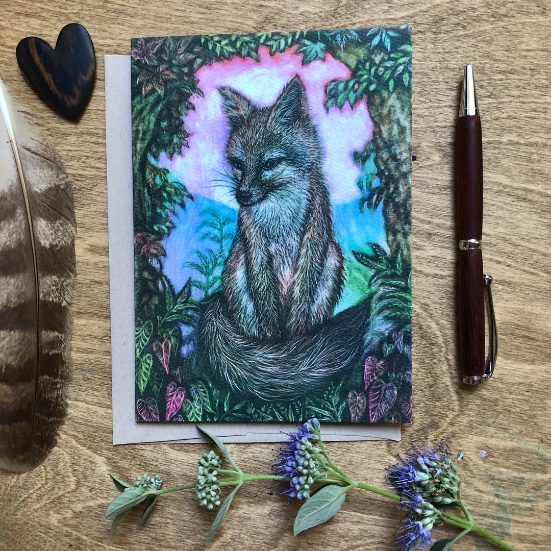 Fox Card, Cottage Core Art, Gray Fox Art, Nature Stationary, Original ...