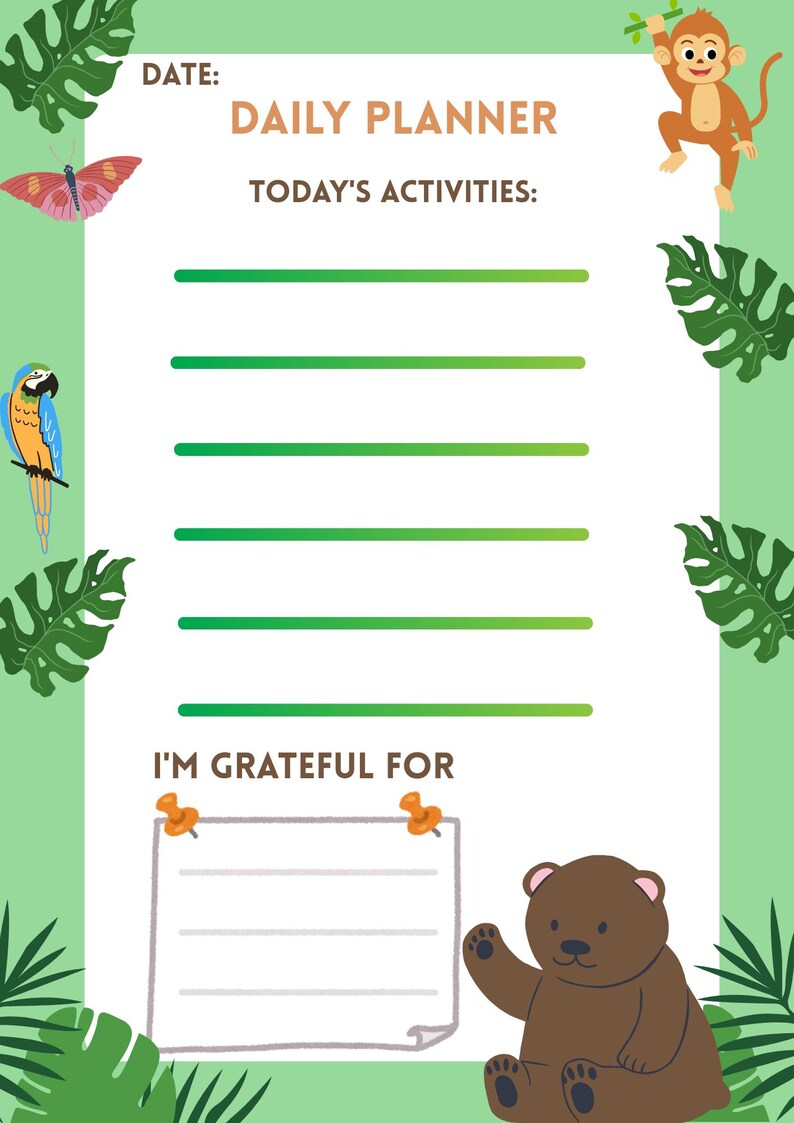 Jungle Kids Planner Printable | Monthly Goals, Daily Activity, To-do ...