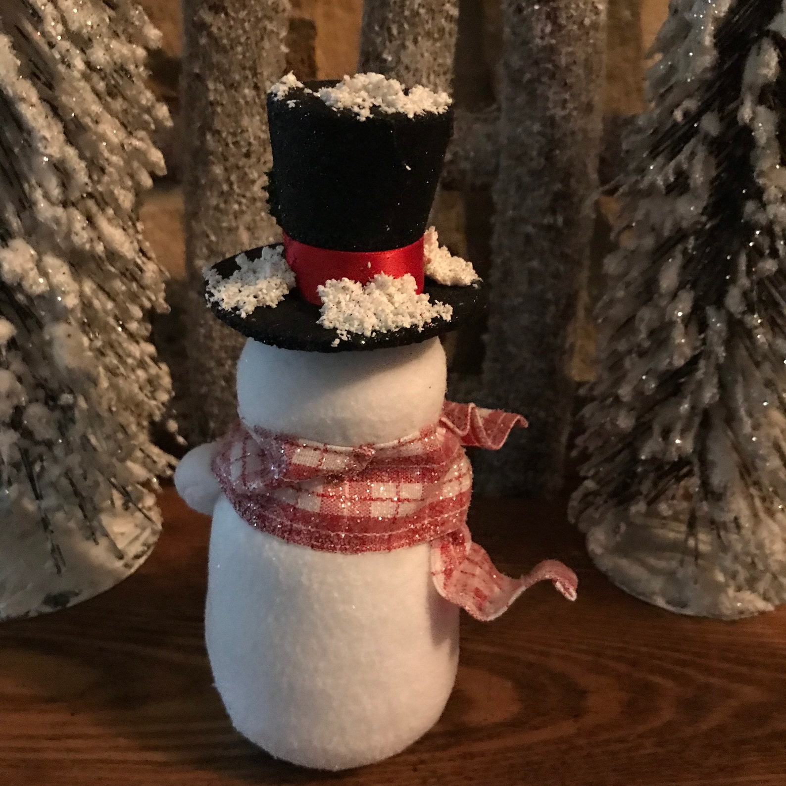 Snowman With Red and White Plaid Wired Scarf and Top Hat 7.5 - Etsy