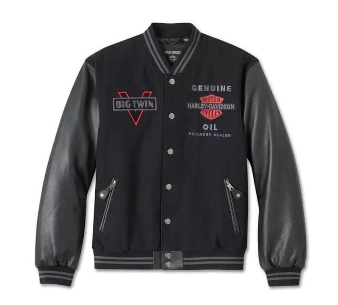 Men's H-D Motorcycle Varsity Jacket Handmade Wool Body Cowhide Leather ...