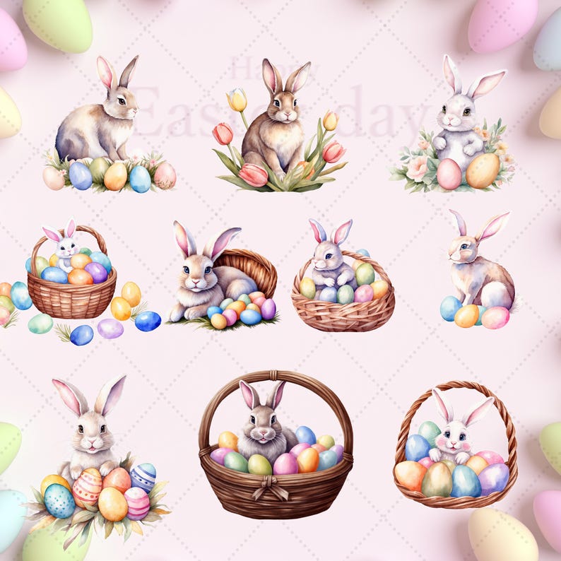 Watercolor Easter Bunny Clipart Set | Pastel Spring PNG (digital ...