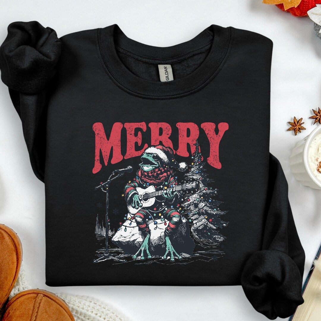Merry Frogmas Sweatshirt, Funny Frog Playing Guitar Christmas Crewneck ...