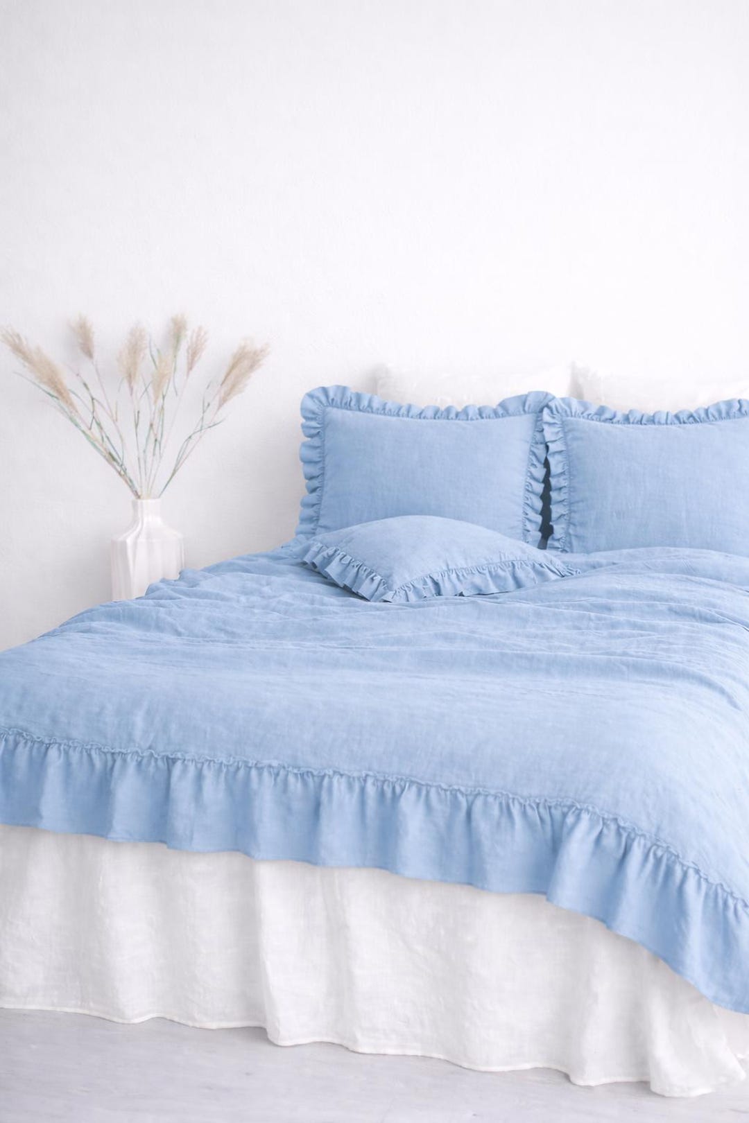Sky Blue Linen Bedding Set, Ruffle Duvet Cover, Pillowcases - Etsy