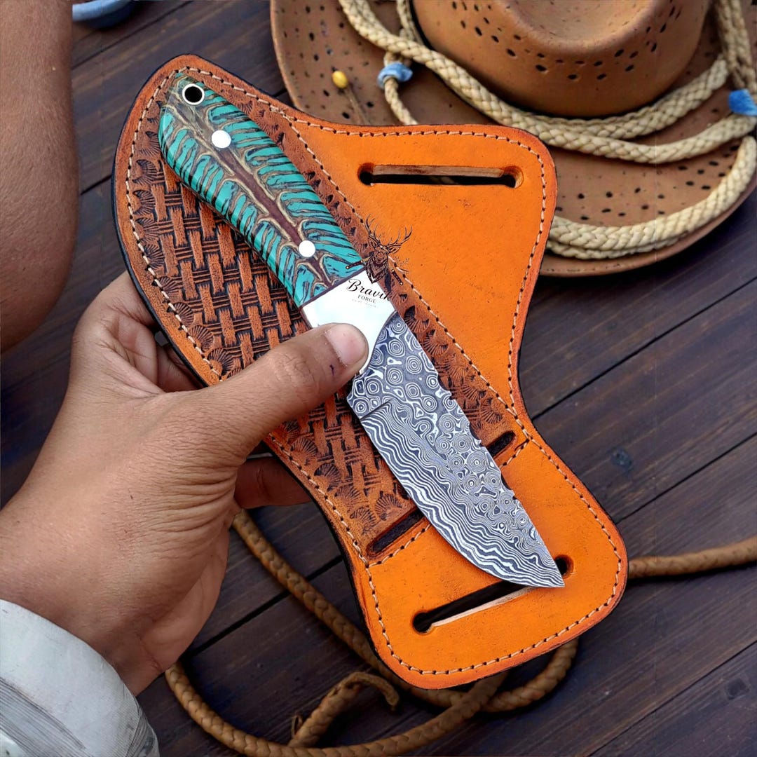 Handmade Damascus Steel Cowboy Knife, Pine Cone Handle, Pancake Leather ...