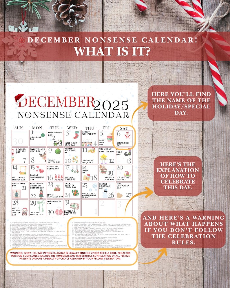 Funny December Nonsense Calendar • Printable Elf-themed Holiday ...