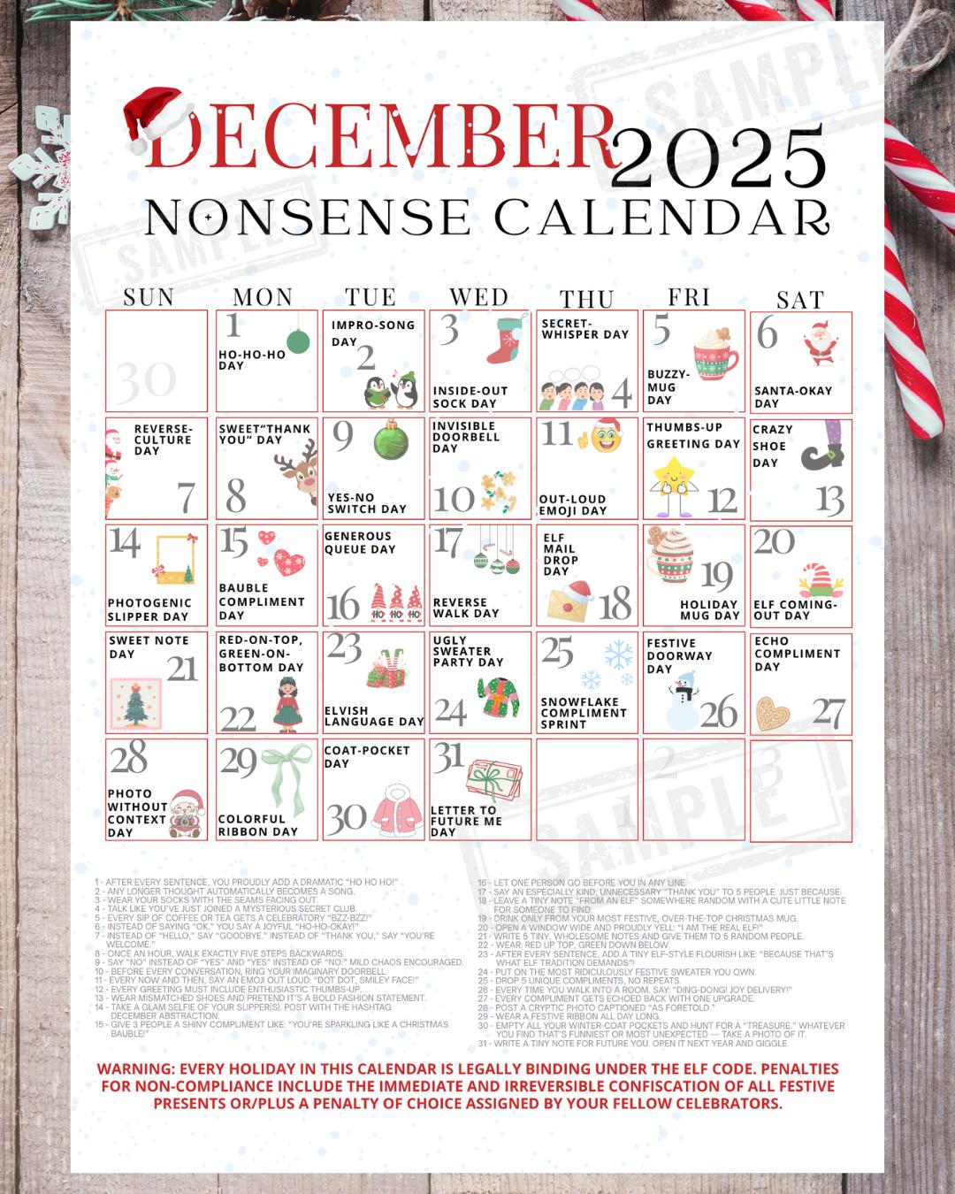 Funny December Nonsense Calendar • Printable Elf-themed Holiday ...
