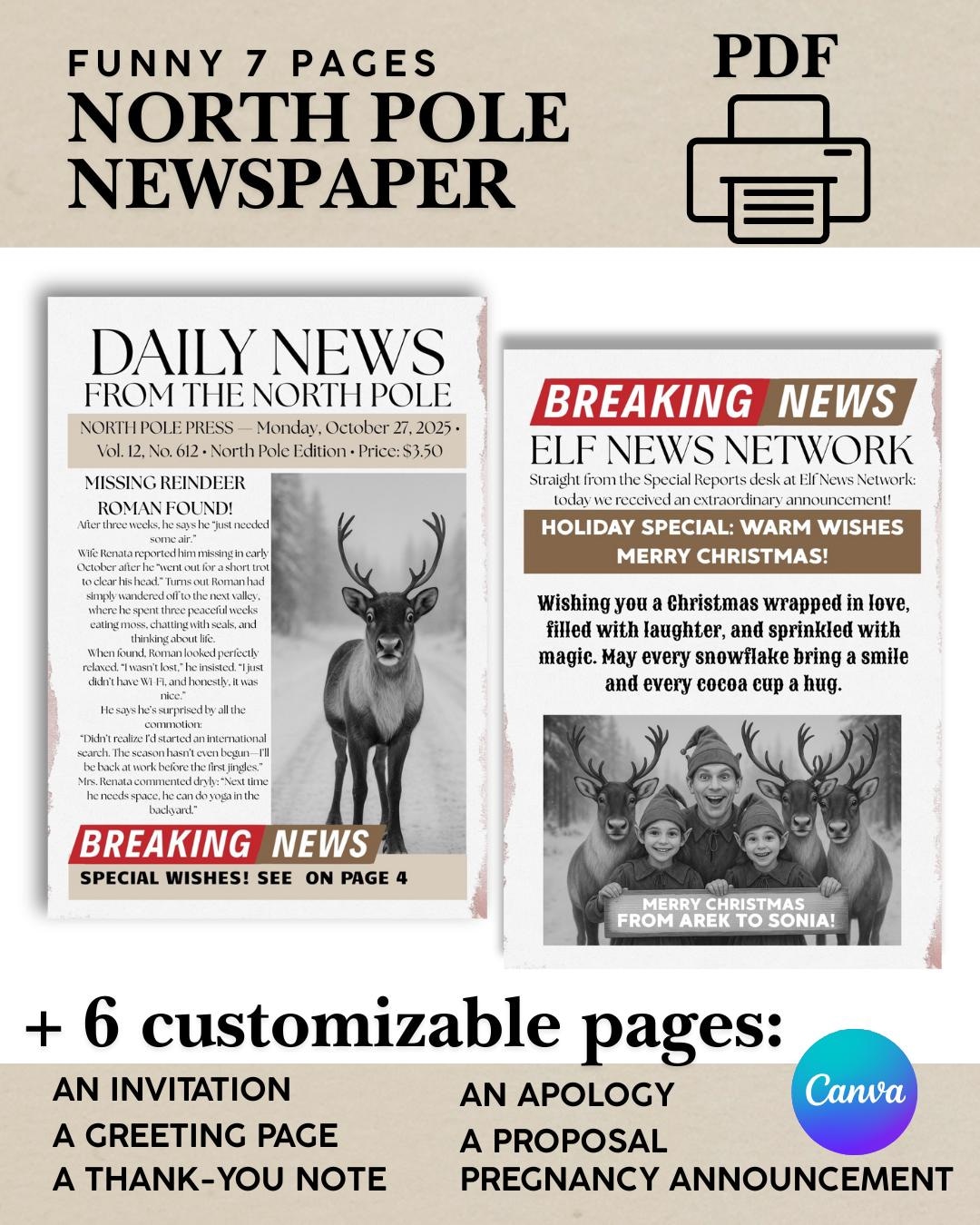 Funny North Pole Newspaper – Christmas Announcement Canva Template ...